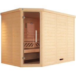 Weka Sauna "Design-Sauna KEMI Eck 2" Saunen Blockbohlen, vorgefertigte Elemente, moderne Ganzglastür Gr. Saunaofen, externe Steuerung, 9 kW, beige (natur)