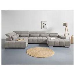 Wohnlandschaft COTTA "Orion U-Form" Sofas Gr. B/H/T: 409 cm x 73 cm x 225 cm, Microfaser, Ottomane links-Recamiere rechts, grau (elephant) inkl. Kopfteilverstellung und Zierkissen