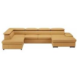 Sit & More Wohnlandschaft SIT & MORE "Alcudia U-Form" Sofas Gr. B/H/T: 349cm x 73cm x 226cm, NaturLEDER, Ottomane links, mit Kopfteilverstellung-mit Armteilverstellung-ohne Bettfunktion-Rücken echt Leder, gelb (curry) wahlweise mit Bettfunktion