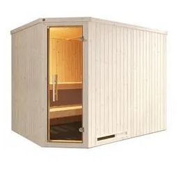 Weka Sauna "Element-Ecksauna VARBERG 4" Saunen vorgefertigte Elemente, moderne Ganzglastür Gr. Saunaofen, integrierte Steuerung, 9 kW, weiß