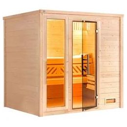 Weka Sauna "Massivholzsauna BERGEN 2" Saunen Blockbohlen, Fensterelement, moderne Ganzglastür Gr. Saunaofen, integrierte Steuerung, 5,4 kW, beige (natur)