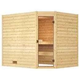 Weka Sauna "Massivholzsauna VALIDA Eck 3" Saunen Blockbohlen, moderne Ganzglastür Gr. Bio-Ofen, externe Steuerung, 9 kW, beige (natur)