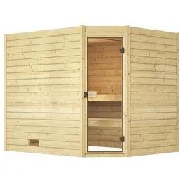 Weka Sauna "Massivholzsauna VALIDA Eck 3" Saunen Blockbohlen, moderne Ganzglastür Gr. Saunaofen, externe Steuerung, 9 kW, beige (natur)