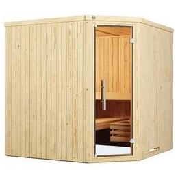 Weka Sauna "Element-Ecksauna VARBERG 3" Saunen vorgefertigte Elemente, moderne Ganzglastür Gr. Bio-Ofen, externe Steuerung, 7,5 kW, beige (natur)