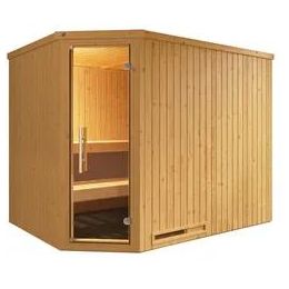 Weka Sauna "Element-Ecksauna VARBERG 4" Saunen vorgefertigte Elemente, moderne Ganzglastür Gr. Saunaofen, externe Steuerung, 9 kW, beige (natur)