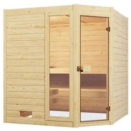 Weka Sauna "Massivholzsauna VALIDA Eck 2" Saunen Blockbohlen, Fensterelement, moderne Ganzglastür Gr. Saunaofen, integrierte Steuerung, 9 kW, beige (natur)