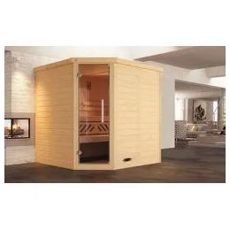 Weka Sauna "Design-Sauna KEMI Eck 1" Saunen naturbelassenes Fichtenholz, moderne Glastür Gr. ohne Ofen, ohne Steuerung, beige (natur)