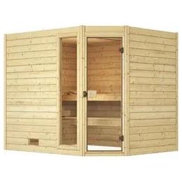 Weka Sauna "Massivholzsauna VALIDA Eck 3" Saunen Blockbohlen, Fensterlement, moderne Ganzglastür Gr. Bio-Ofen, externe Steuerung, 9 kW, beige (natur)