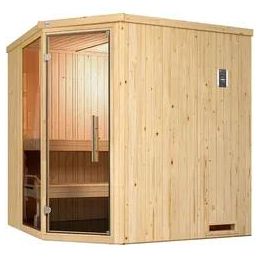 Weka Sauna "Element-Ecksauna VARBERG 2" Saunen vorgefertigte Elemente, Fensterelement, moderne Ganzglastür Gr. Saunaofen, integrierte Steuerung, 5,4 kW, beige (natur)