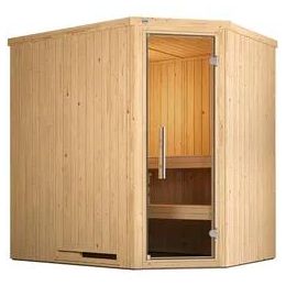 Weka Sauna "Element-Ecksauna VARBERG 1" Saunen vorgefertigte Elemente, moderne Ganzglastür Gr. Bio-Ofen, externe Steuerung, 4,5 kW, beige (natur)