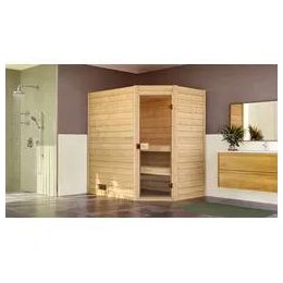 Weka Sauna "Massivholzsauna VALIDA Eck 1" Saunen Blockbohlen, moderne Ganzglastür Gr. Saunaofen, externe Steuerung, 4,5 kW, beige (natur)