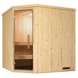 Weka Sauna "Element-Ecksauna VARBERG 2" Saunen vorgefertigte Elemente, Eckeinstieg, moderne Ganzglastür Gr. Saunaofen, integrierte Steuerung, 5,4 kW, beige (natur)