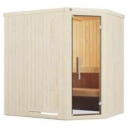 Weka Sauna "Element-Ecksauna VARBERG 1" Saunen vorgefertigte Elemente, moderne Ganzglastür Gr. Saunaofen, externe Steuerung, 7,5 kW, weiß