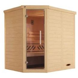 Weka Sauna "Design-Sauna KEMI" Saunen Blockbohlen, vorgefertigte Elemente, moderne Ganzglastür Gr. Bio-Ofen, externe Steuerung, 4,5 kW, beige (natur)