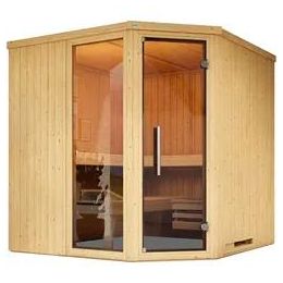 Weka Sauna "Element-Ecksauna VARBERG 3" Saunen vorgefertigte Elemente, moderne Ganzglastür, bodenl. Fensterelement Gr. Saunaofen, integrierte Steuerung, 9 kW, beige (natur)