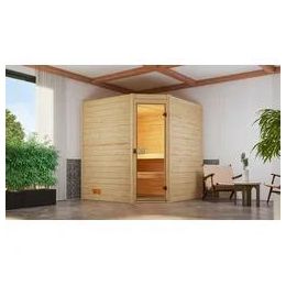 Weka Sauna "Massivholzsauna VALIDA Eck 2" Saunen Blockbohlen, Eckeinstieg, moderne Ganzglastür Gr. Bio-Ofen, externe Steuerung, 7,5 kW, beige (natur)