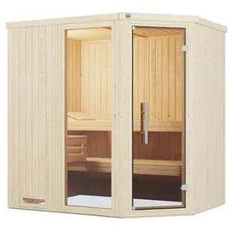 Weka Sauna "Element-Ecksauna VARBERG 1" Saunen vorgefertigte Elemente, Fensterelement, moderne Ganzglastür Gr. Saunaofen, externe Steuerung, 7,5 kW, weiß