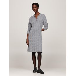 Strickkleid Tommy Hilfiger "SOFT WOOL CABLE POLO SWT DRESS" Gr. XXXL (46), N-Gr, grau (medium heather grey) Damen Kleider mit Zopfmuster, Polokragen