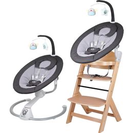 Hochstuhl BABYGO "Family Homey Set, natur/dunkelgrau", Baby, beige (natur, dunkelgrau), Stühle Hochstuhl, mit elektrischer Babywippe inkl. Spielbogen