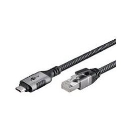 goobay Ethernet-Kabel USB-C 3.2 Gen2 Stecker > RJ-45 Stecker, LAN-Adapter schwarz/silber, 3 Meter, geflochtener Textilmantel