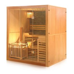 Dewello® Finnische Traditionelle Sauna SARNIA PLUS 180cm x 140cm inkl. 6 KW Harvia Ofen, inkl. Aufguss-Set, Sanduhr, Thermometer