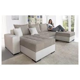 Wohnlandschaft Collection AB "Josy U-Form" Sofas Gr. B/H/T: 313cm x 84cm x 161cm, Cord-Microfaser PRIMABELLE, Recamiere beidseitig montierbar, grau (taupe) mit Schlaffunktion, Bettkasten und Zierkissen, 2 Recamieren