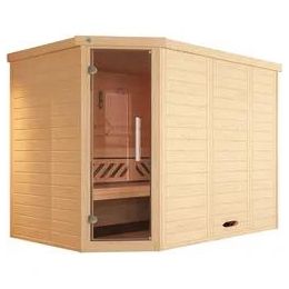 Weka Sauna "Design-Sauna KEMI Eck 2" Saunen Blockbohlen, vorgefertigte Elemente, moderne Ganzglastür Gr. Saunaofen, externe Steuerung, 9 kW, beige (natur)