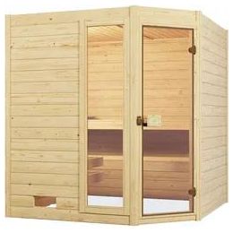 Weka Sauna "Massivholzsauna VALIDA Eck 1.8" Saunen Blockbohlen, Fensterelement, moderne Ganzglastür Gr. Saunaofen, integrierte Steuerung, 5,4 kW, beige (natur)