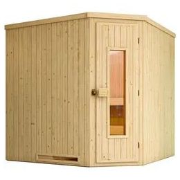 Weka Sauna "Element-Ecksauna VARBERG 3" Saunen vorgefertigte Elemente, isolierte Holztür Gr. Saunaofen, externe Steuerung, 7,5 kW, beige (natur)