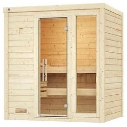 Weka Sauna "Massivholzsauna BERGEN 1" Saunen Blockbohlen, Fensterelement, moderne Ganzglastür Gr. Saunaofen, integrierte Steuerung, 5,4 kW, beige (natur)