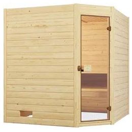 Weka Sauna "Massivholzsauna VALIDA Eck 1.8" Saunen Blockbohlen, Eckeinstieg, moderne Ganzglastür Gr. Saunaofen, externe Steuerung, 5,4 kW, beige (natur)