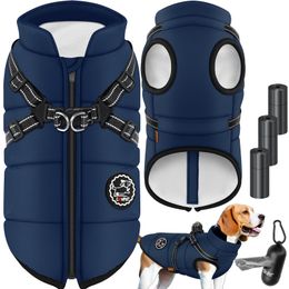 LOVPET&reg; Hundejacke Hundemantel mit Geschirr, inkl. 45 St&uuml;ck Kotbeutel + Spender, Hunde Winterweste gef&uuml;ttert wasserdicht, Gepolsterte Weste Mit Brustgurt, Reflektoren, D-Ring