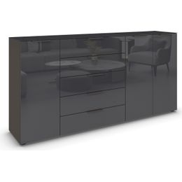 Kommode Rauch "Flipp" Sideboards Gr. B/H/T: 200cm x 99cm x 42cm, 5 St., grau (graphit/glas basalt) 3-türig, 5 Schubladen, Soft-Close-Funktion, Oberboden und Front Glas