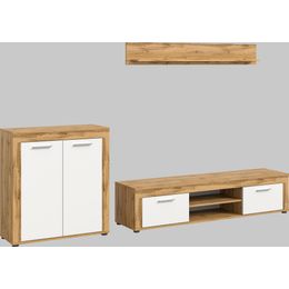 Wohnzimmer-Set Inosign "Aosta, Breite 255cm, bestehend aus Highboard, Lowboard, Wandboard" Kastenmöbel-Sets Gr. B/H/T: 255cm x 159cm x 35cm, weiß (wotan eiche nachbildung / weiß)