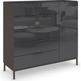 Kommode Rauch "Flipp" Sideboards Gr. B/H/T: 120cm x 110cm x 42cm, 5 St., grau (graphit/glas basalt) 1-türig, 5 Schubladen, Soft-Close-Funktion, Oberboden und Front Glas