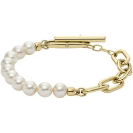 Armband Fossil "Schmuck Geschenk Edelstahl HERITAGE PEARL D-LINK, JF04729710" Armbänder Gr. Edelstahl-Perlen, goldfarben (gelbgoldfarben, weiß) Damen mit Glasperle