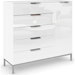 Kommode Rauch "Flipp" Sideboards Gr. B/H/T: 120cm x 111cm x 42cm, 5 St., weiß (alpinweiß/glas kristallweiß) 1-türig mit 5 Schubladen und Soft-Close-Funktion sowie Glasfront