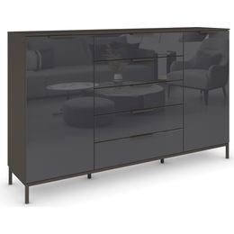 Kommode Rauch "Flipp" Sideboards Gr. B/H/T: 180cm x 111cm x 42cm, 5 St., grau (graphit/glas basalt) 2-trg mit 5 Schubladen und Soft-Close-Funktion, Glasfront, 2 Breiten