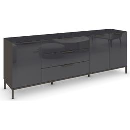 Kommode Rauch "Flipp" Sideboards Gr. B/H/T: 200cm x 71cm x 42cm, 3 St., grau (graphit/glas basalt) 3-türig, 3 Schubladen, Soft-Close-Funktion, Oberboden und Front Glas