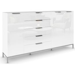 Kommode Rauch "Flipp" Sideboards Gr. B/H/T: 200cm x 110cm x 42cm, 5 St., weiß (alpinweiß/glas kristallweiß) 3-türig, 5 Schubladen, Soft-Close-Funktion, Oberboden und Front Glas