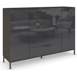 Kommode Rauch "Flipp" Sideboards Gr. B/H/T: 180cm x 110cm x 42cm, 5 St., grau (graphit/glas basalt) 2-türig, 5 Schubladen, Soft-Close, Oberboden und Front Glas, 2 Breiten