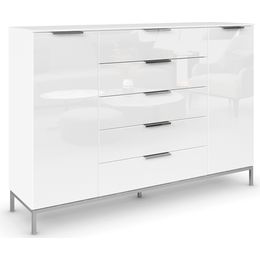 Kommode Rauch "Flipp" Sideboards Gr. B/H/T: 160cm x 111cm x 42cm, 5 St., weiß (alpinweiß/glas kristallweiß) 2-trg mit 5 Schubladen und Soft-Close-Funktion, Glasfront, 2 Breiten