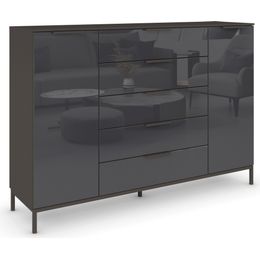 Kommode Rauch "Flipp" Sideboards Gr. B/H/T: 160cm x 111cm x 42cm, 5 St., grau (graphit/glas basalt) 2-trg mit 5 Schubladen und Soft-Close-Funktion, Glasfront, 2 Breiten