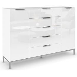 Kommode Rauch "Flipp" Sideboards Gr. B/H/T: 180cm x 110cm x 42cm, 5 St., weiß (alpinweiß/glas kristallweiß) 2-türig, 5 Schubladen, Soft-Close, Oberboden und Front Glas, 2 Breiten