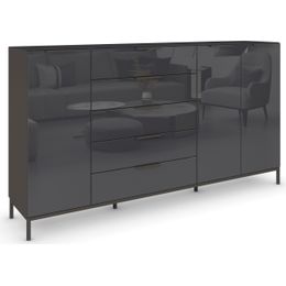 Kommode Rauch "Flipp" Sideboards Gr. B/H/T: 200cm x 110cm x 42cm, 5 St., grau (graphit/glas basalt) 3-türig, 5 Schubladen, Soft-Close-Funktion, Oberboden und Front Glas