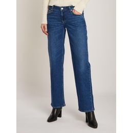 Straight-Jeans Tommy Jeans "SOPHIE LW STR CH0152", Damen, Gr. 30, Länge 32, blau (denim schwarz), Denim/Jeans, Obermaterial: 99% Baumwolle, 1% Elasthan, unifarben, casual, straight fit knöchellang, Jeans, mit Nieten