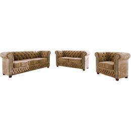 Chesterfield Lothar Polstergarnitur 3+2+1 aus Beige Samt-Stoff