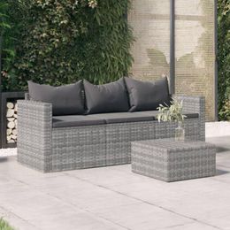 Gartensofa 3-Sitzer mit Kissen Grau Poly Rattan