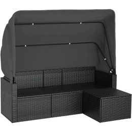 3-Sitzer-Gartensofa mit Dach und Fußhocker Schwarz Poly Rattan vidaXL