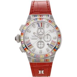 Chronograph Haemmer Germany "LUCIA, GR-007" Armbanduhren rot Damen Quarzuhr, Damenuhr, Datum, Stoppfunktion, Saphirglas, Lederarmband